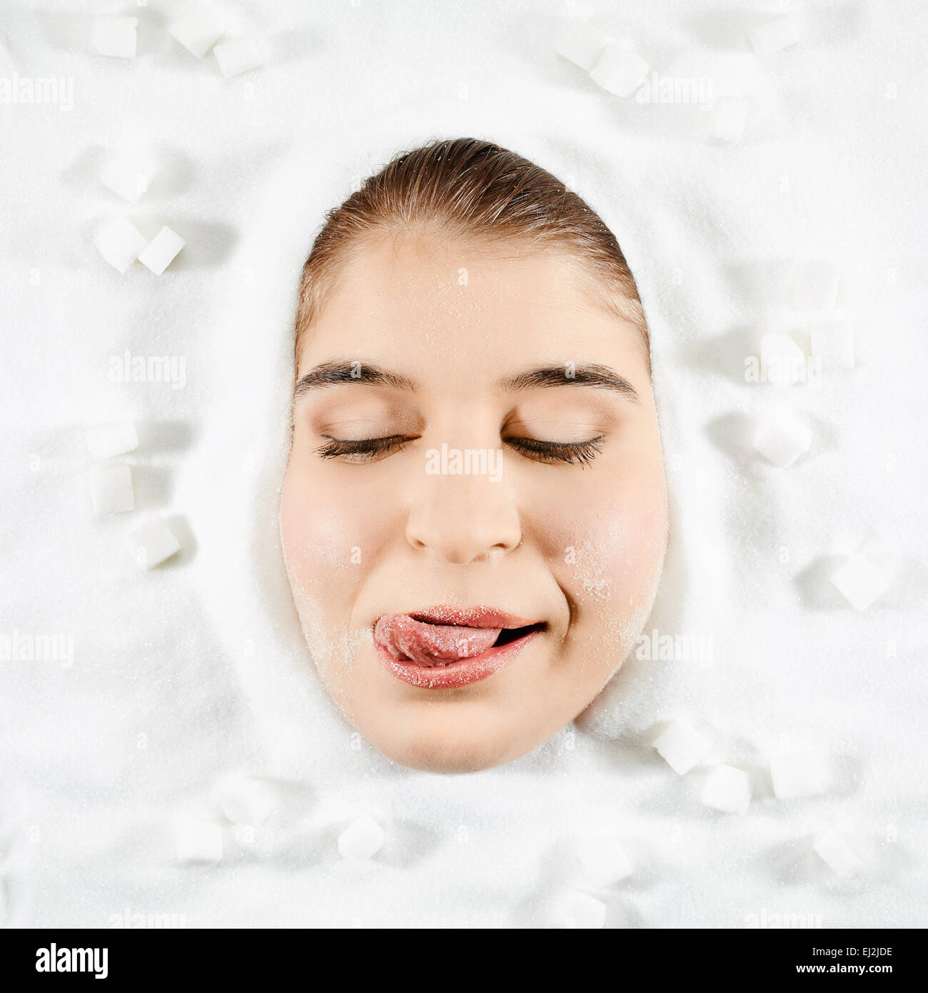 Beautiful woman expression face with white sugar frame Stock Photo - Alamy