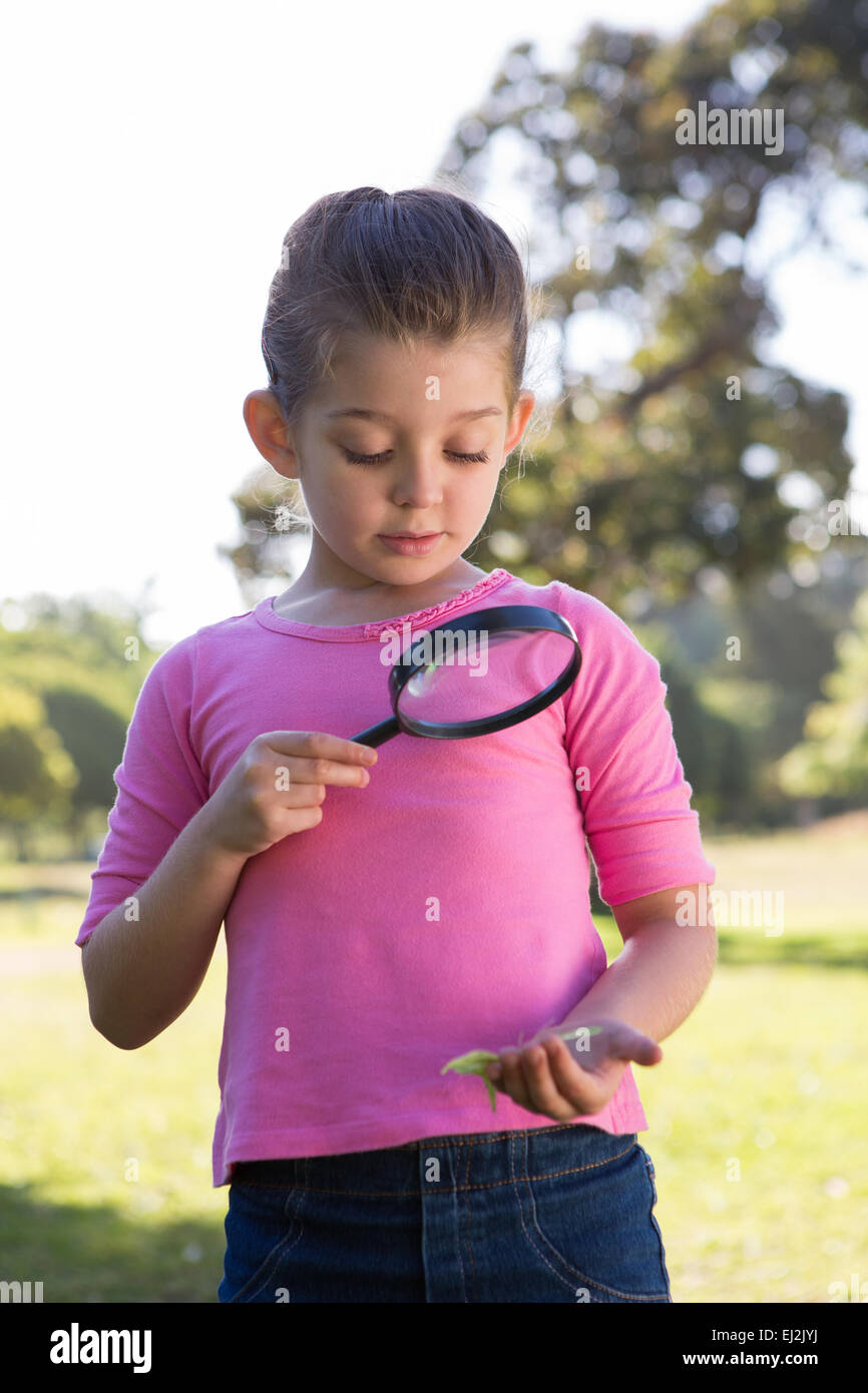 Happy little girl looking at leaf Stock Photo - Alamy
