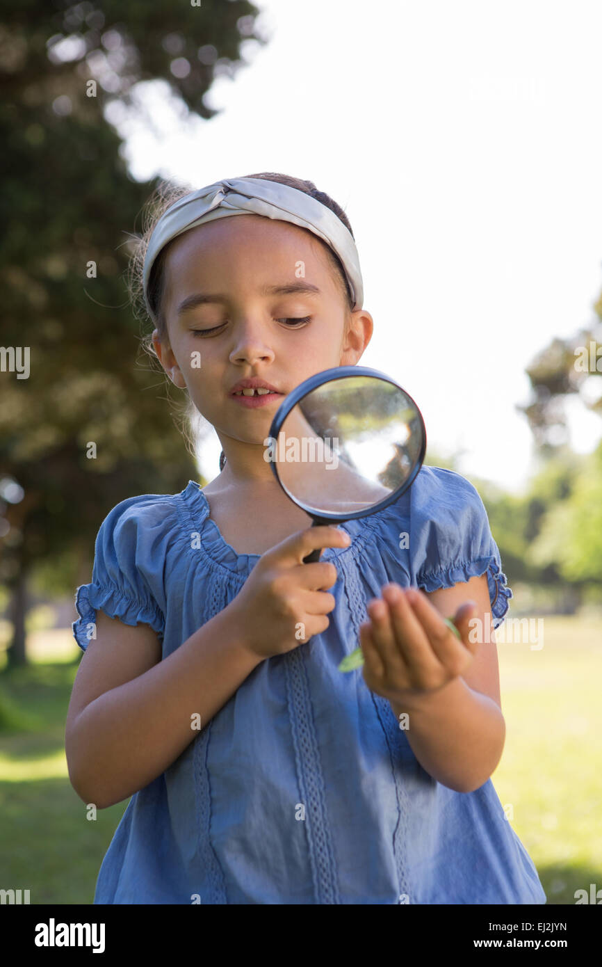 Curious little girl looking at leaf Stock Photo - Alamy