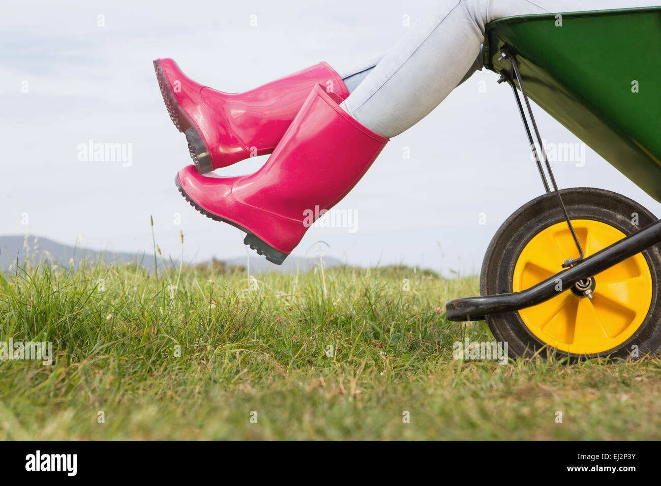 Woman sitting in a wheelbarrow Stock Photo - Alamy