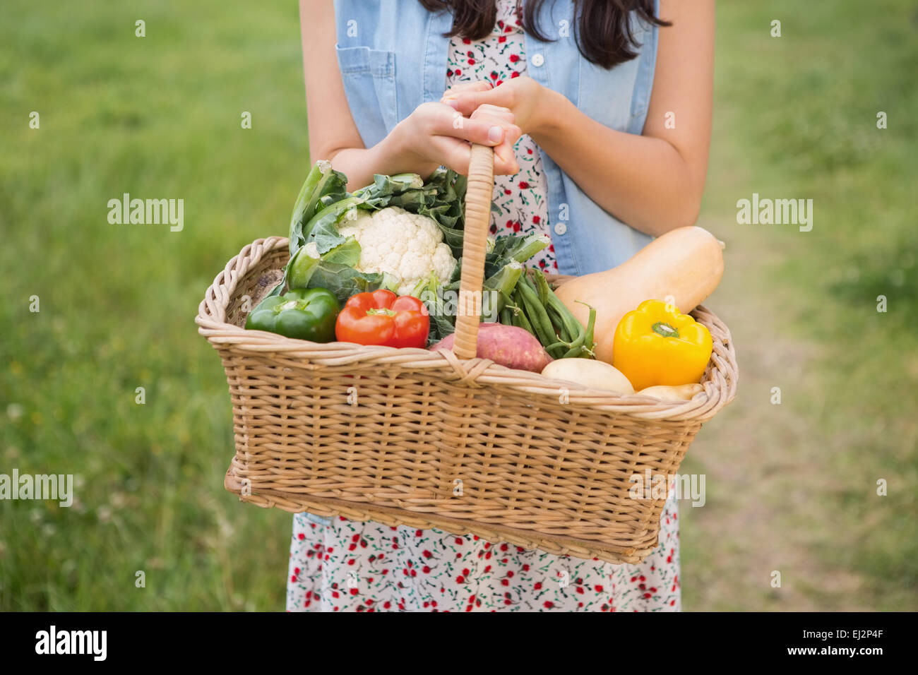 Pretty woman with basket of veg Stock Photo - Alamy
