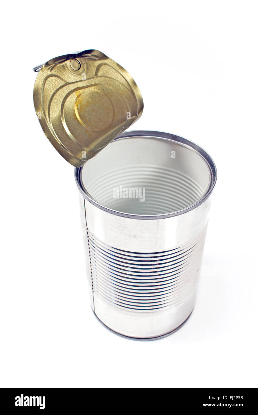 Open empty tin can isolated on white Stock Photo - Alamy