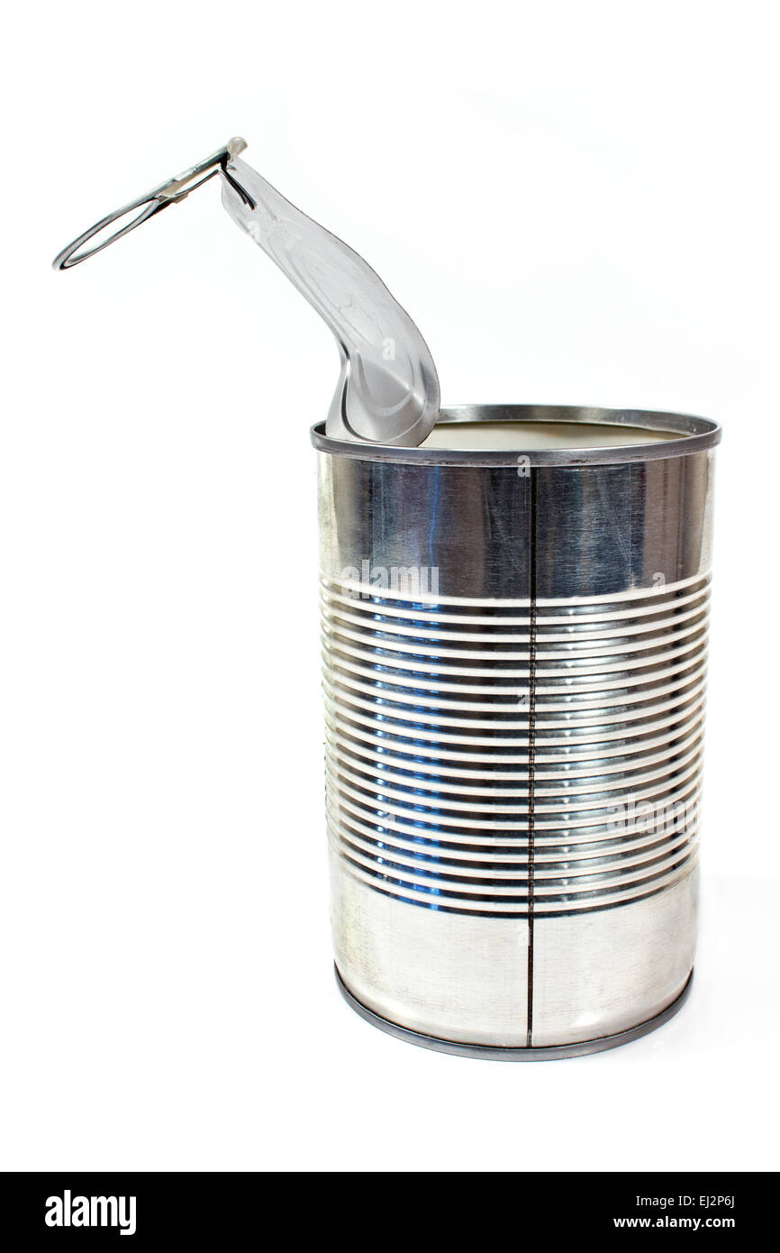 Open empty tin can isolated on white Stock Photo - Alamy