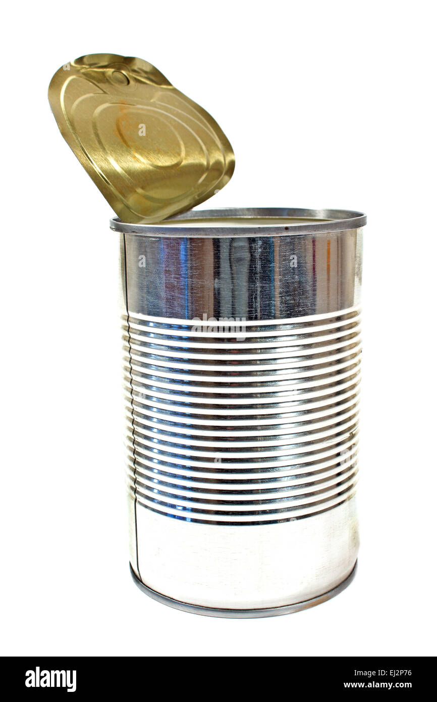 Open empty tin can isolated on white Stock Photo - Alamy