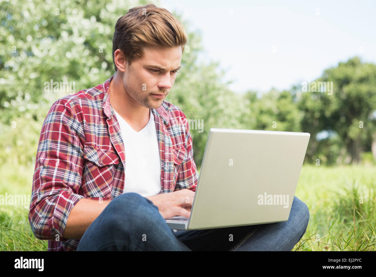 Man with laptop in park Stock Photo - Alamy