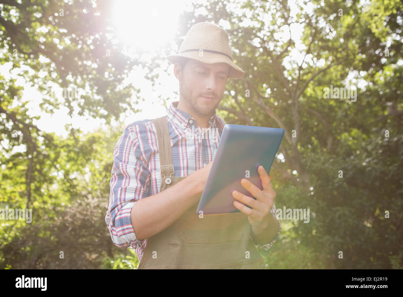 Farmer using his tablet pc Stock Photo - Alamy