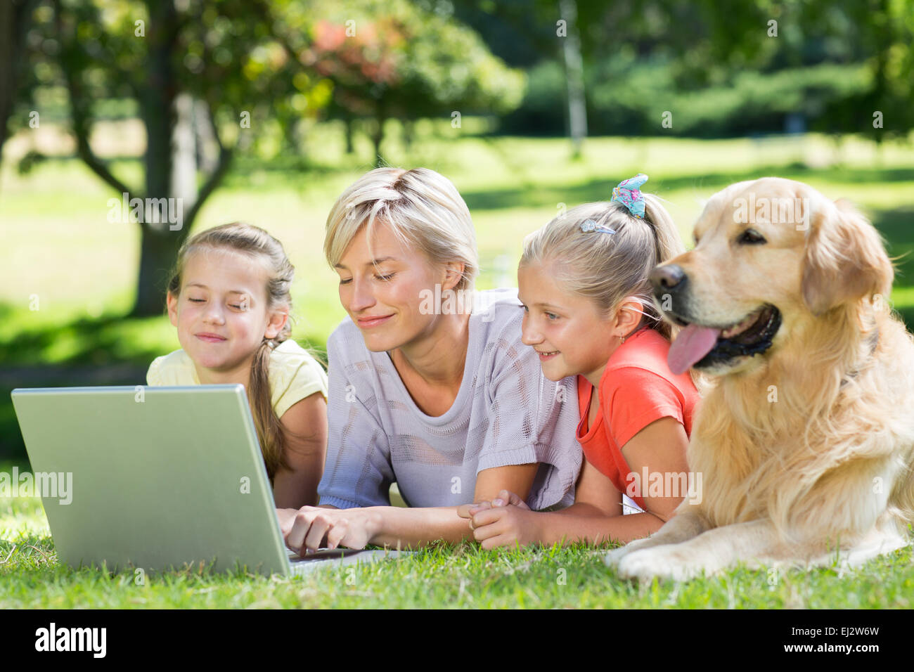 Happy family using laptop in the park Stock Photo - Alamy