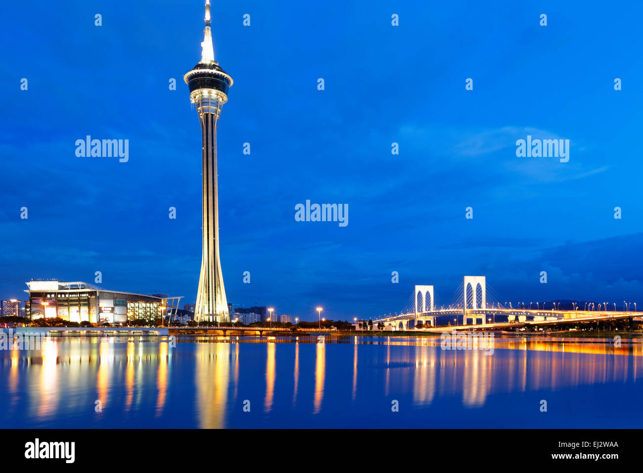 Urban landscape of Macau with famous traveling tower under sky near ...