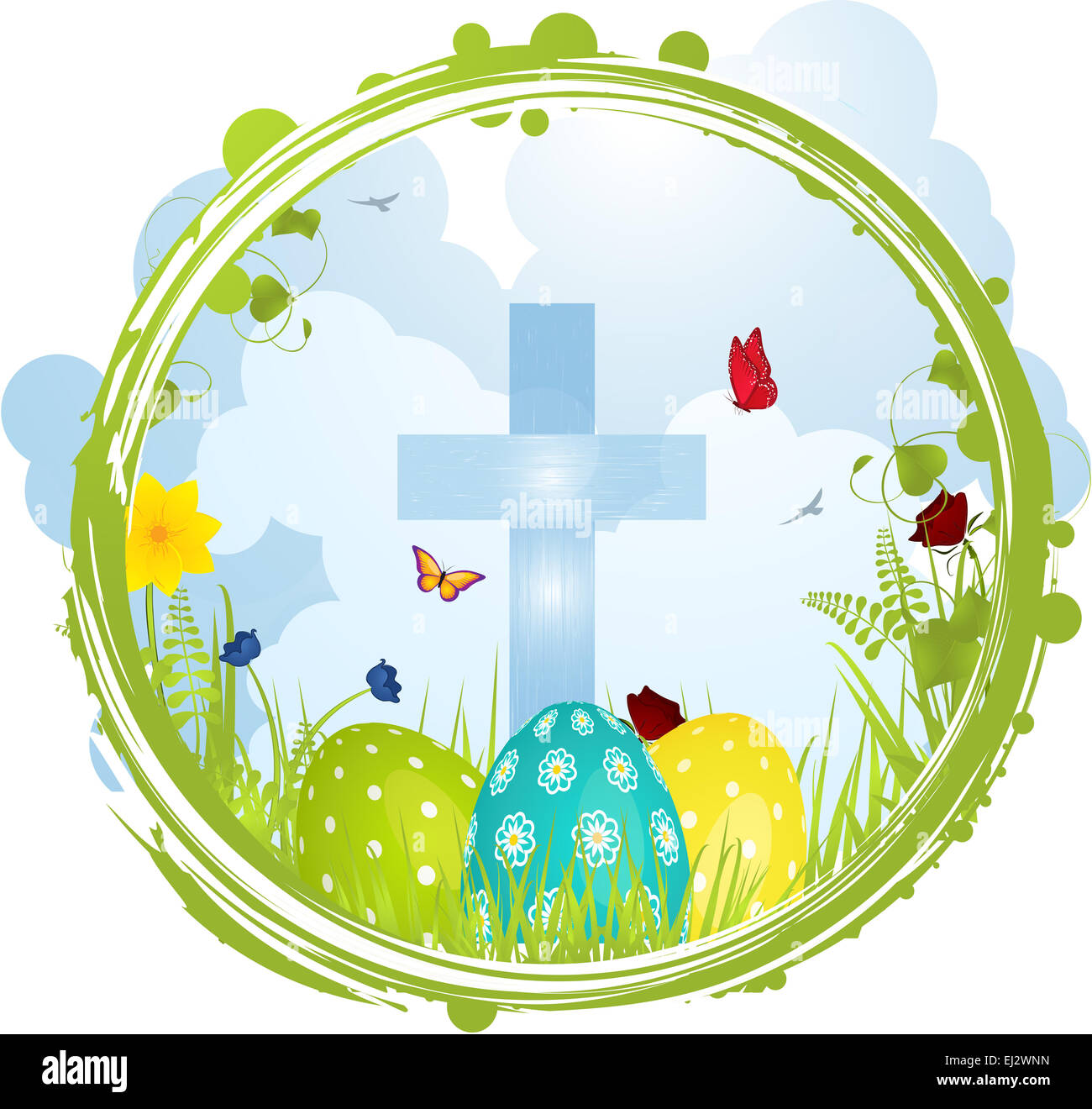 Easter Circular Border with Eggs Cross and butterfly Stock Photo - Alamy