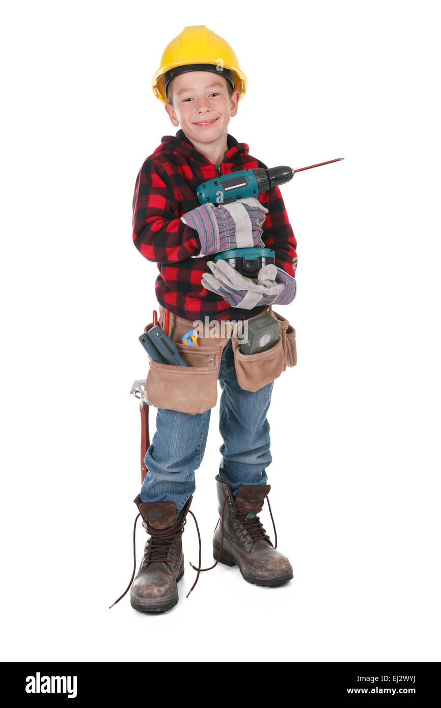 Young boy pretending to be a carpenter Stock Photo - Alamy