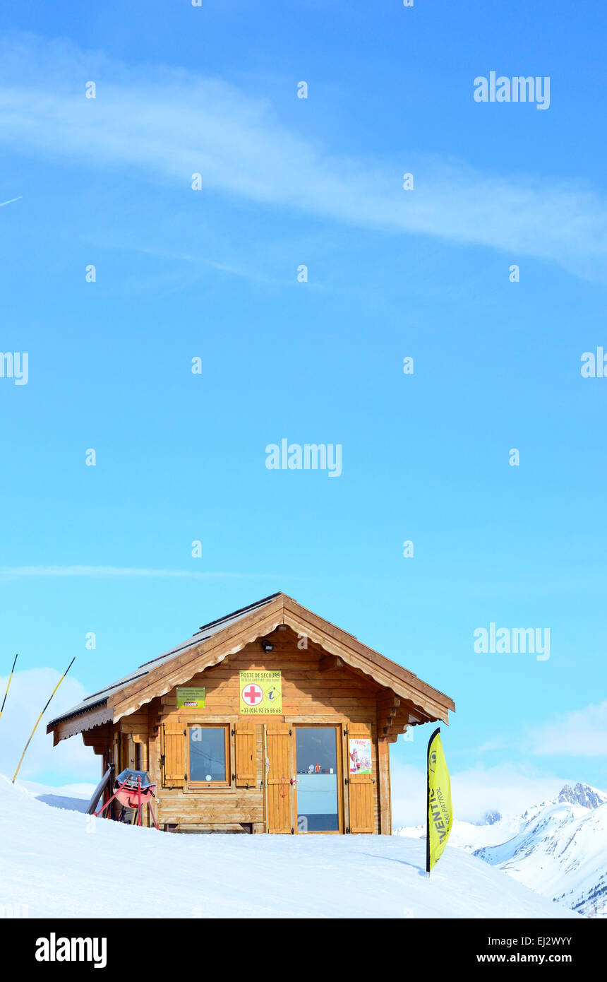 Wooden snow hut on ski slope Stock Photo - Alamy