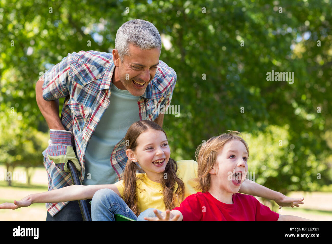 Happy father and his children playing with a wheelbarrow Stock Photo ...