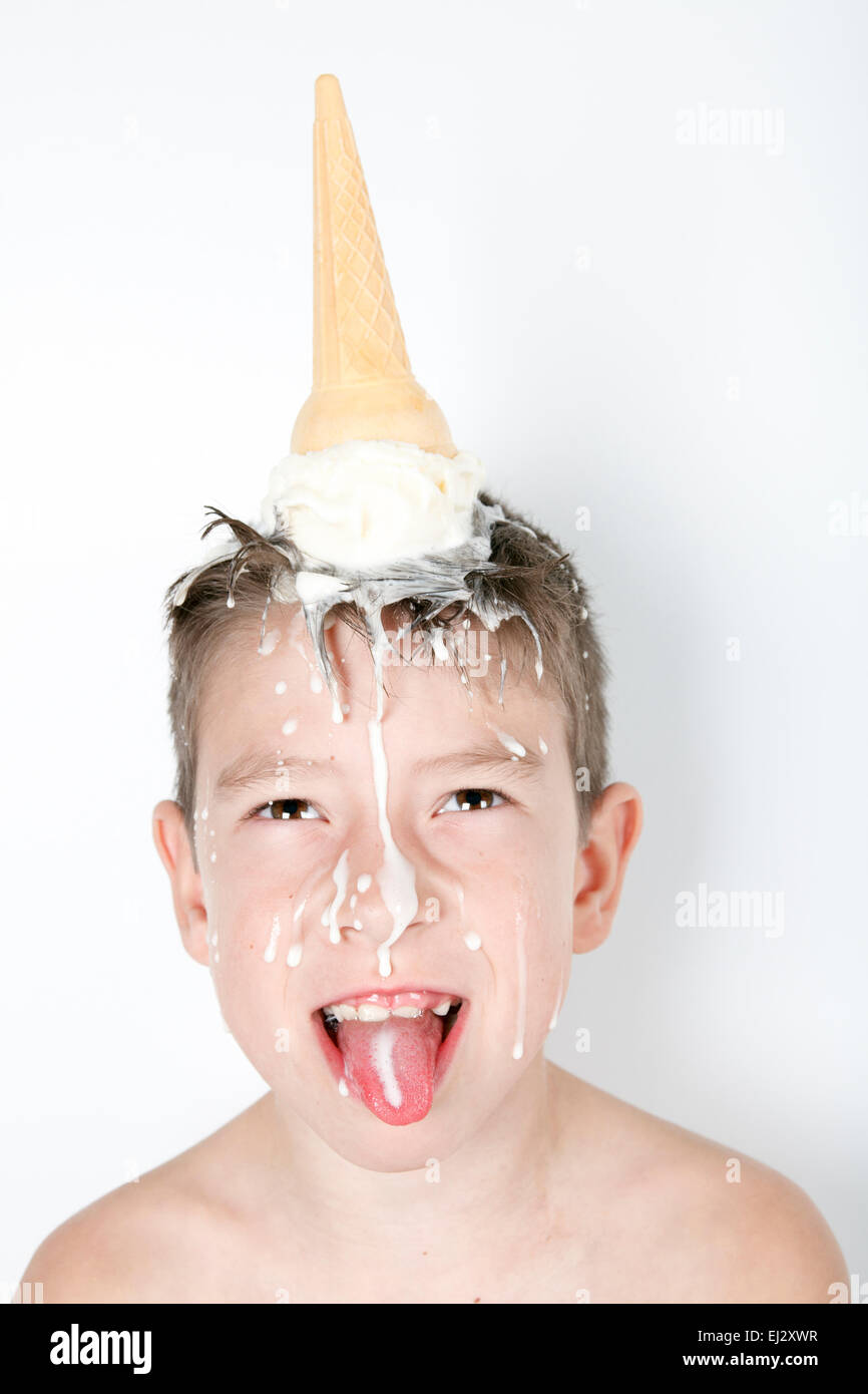 kid with ice cream on the head isolated on white Stock Photo - Alamy