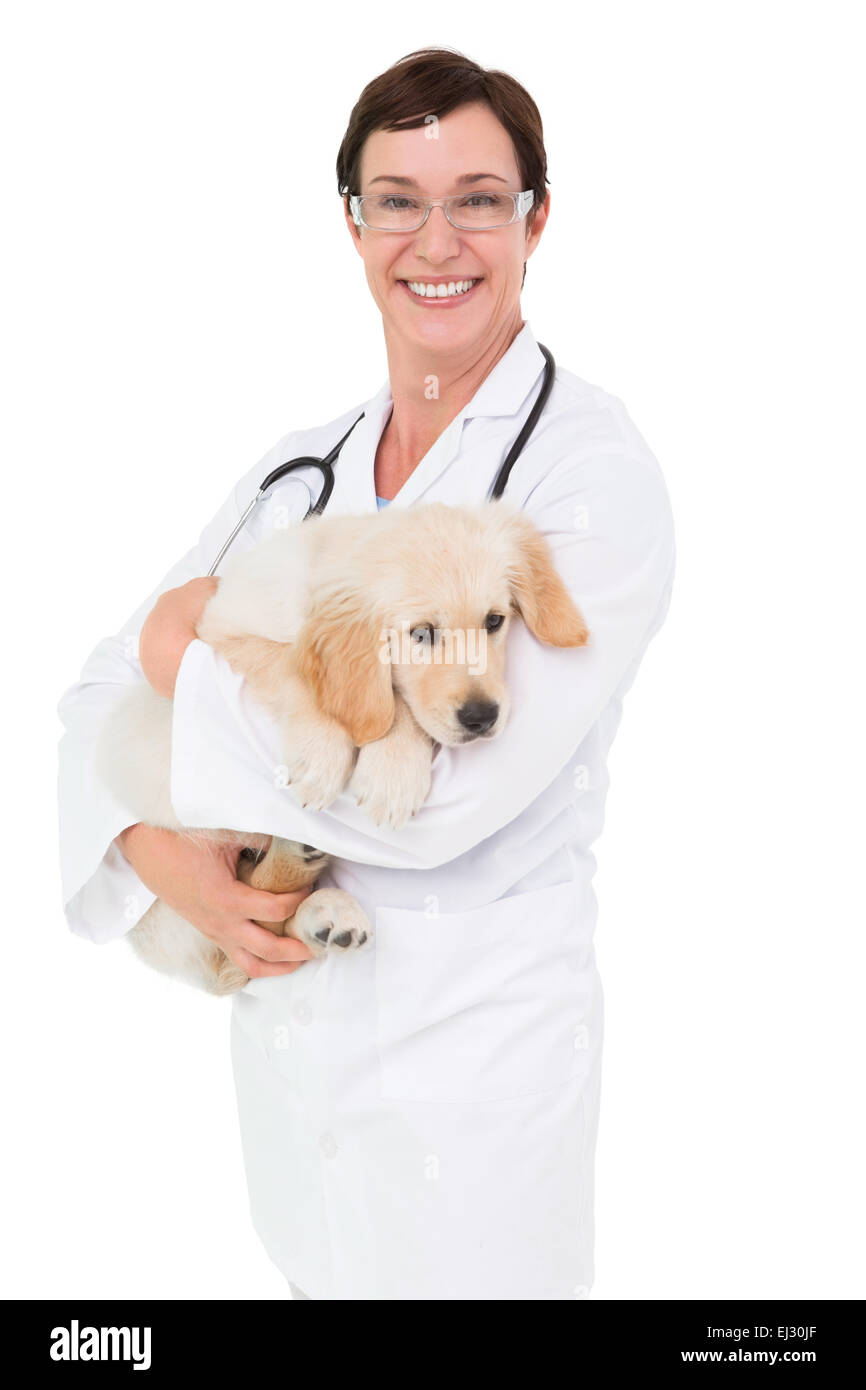 Smiling veterinarian with a cute dog in her arms Stock Photo - Alamy