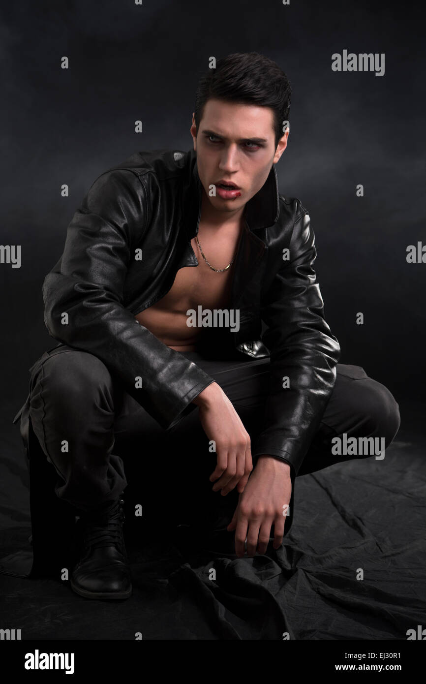 Portrait Of An Angry Wounded Young Male Vampire in Black Leather Jacket ...