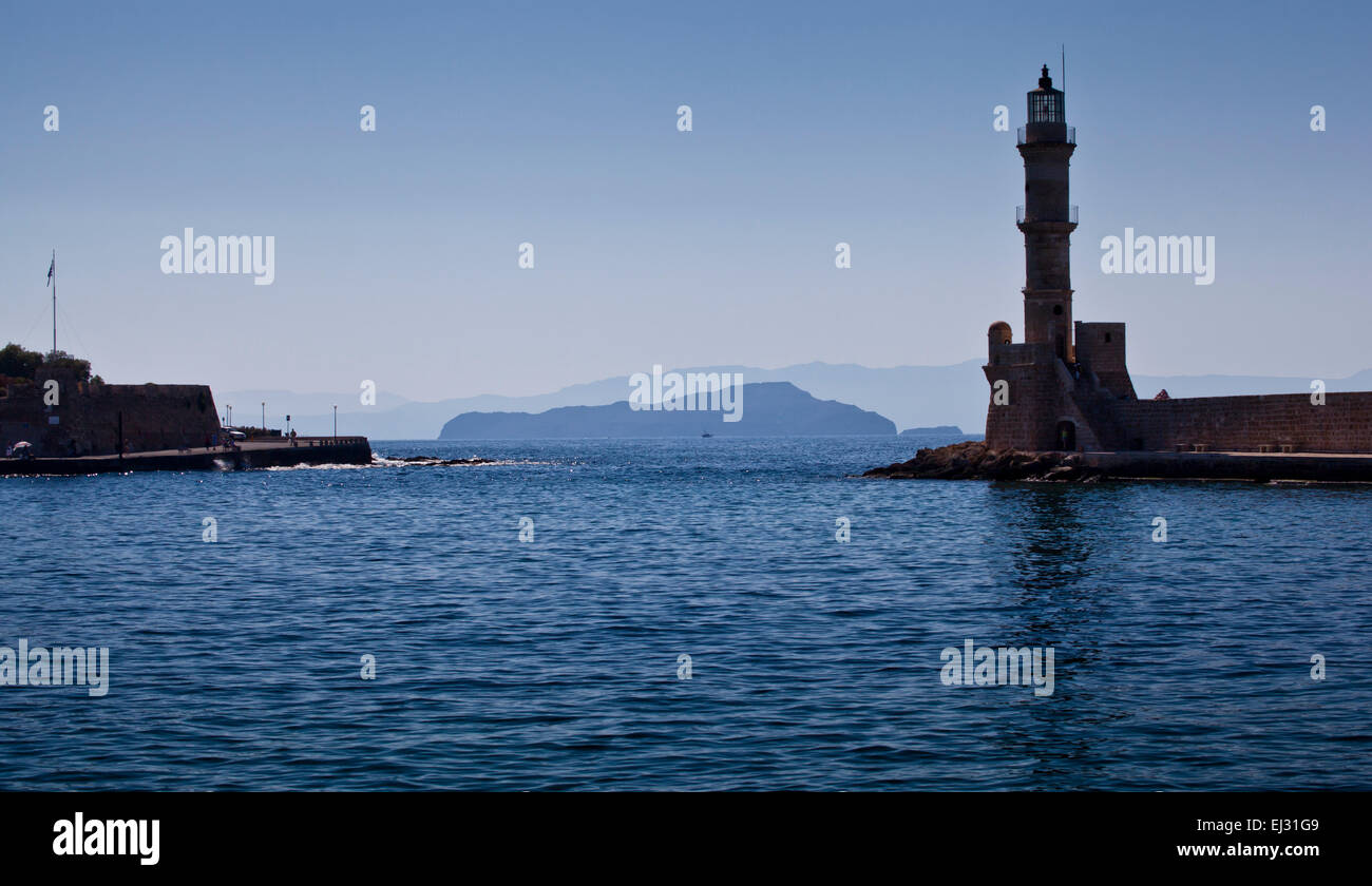 Chania venetian Harbour lighthouse in Chania in Crete, Greece Stock ...