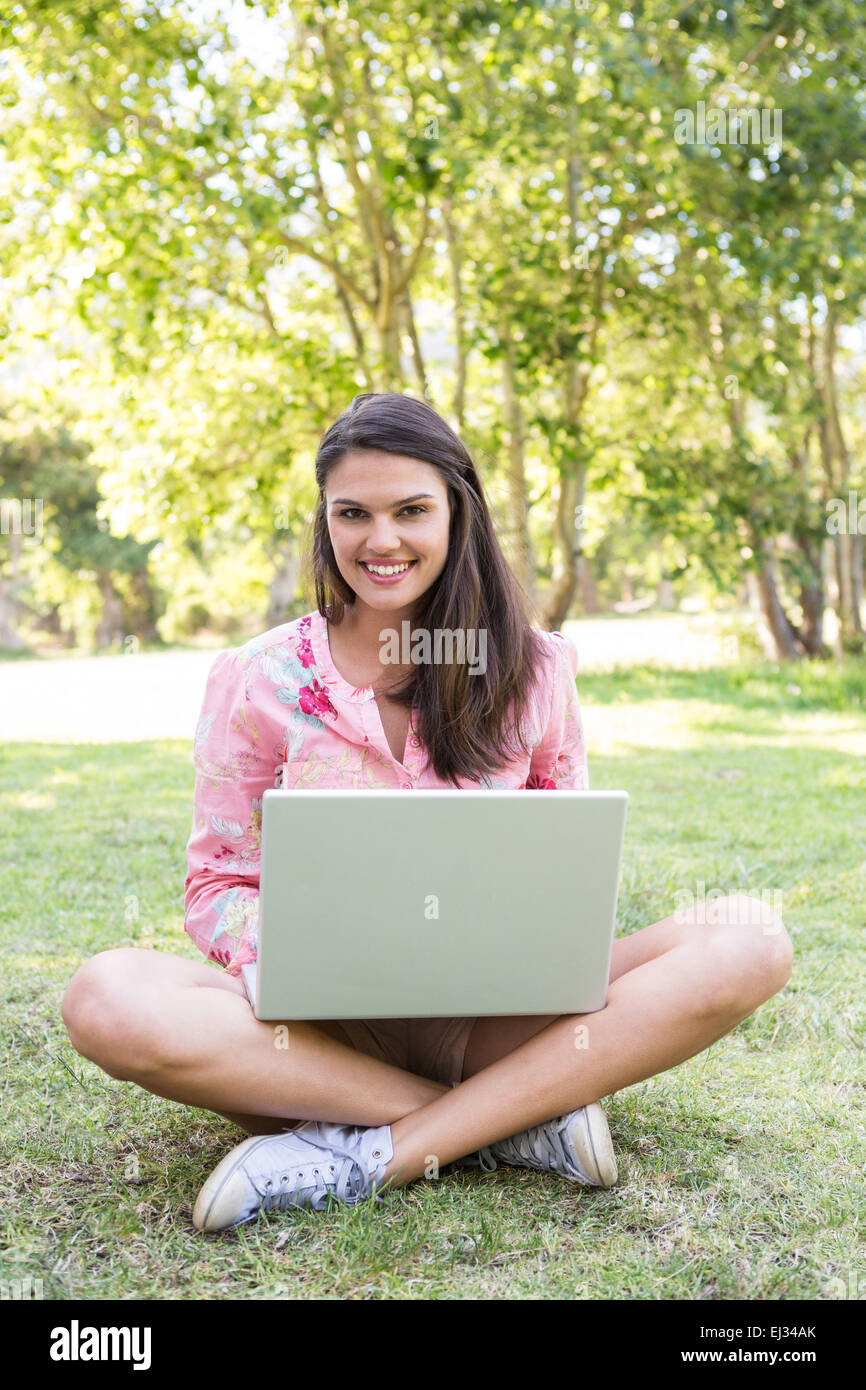 Woman happy park laptop summer hi-res stock photography and images - Alamy