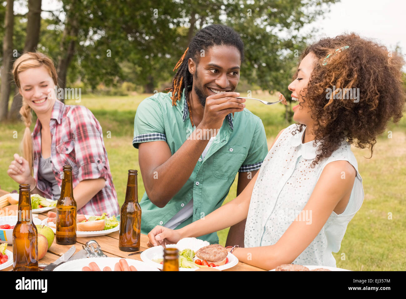 Happy friends in the park having lunch Stock Photo - Alamy
