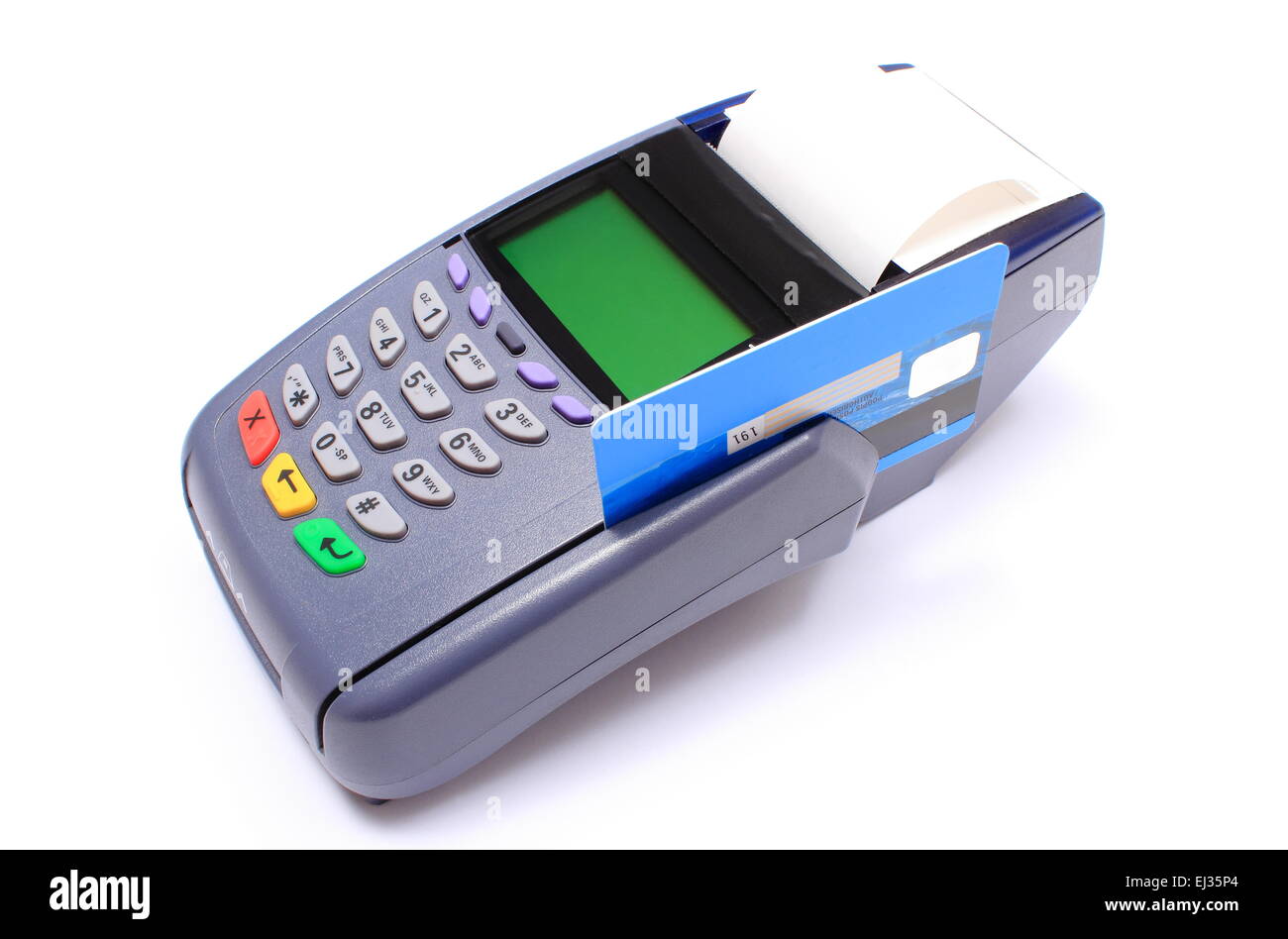 Payment terminal with credit card on white background, credit card ...