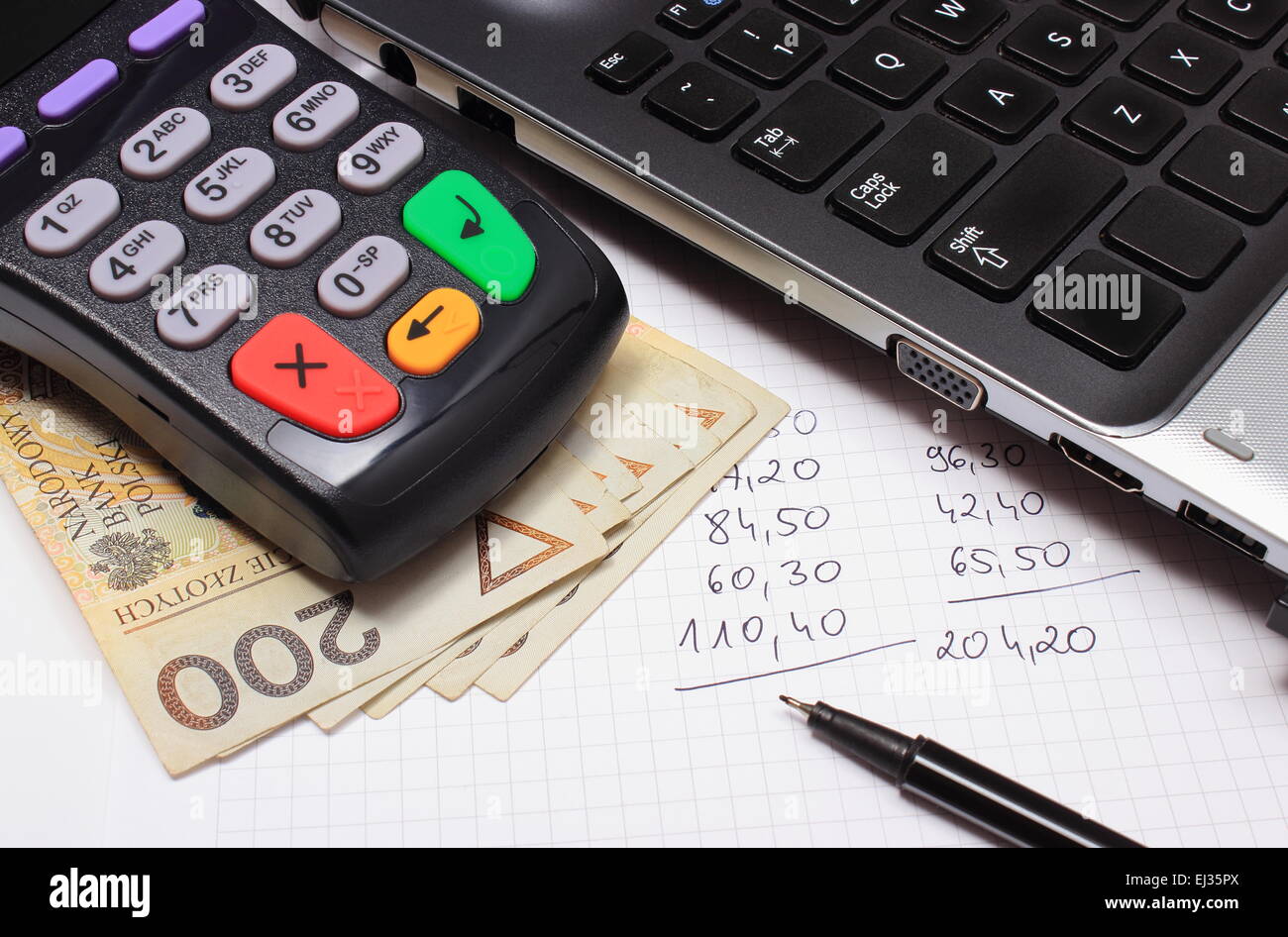 Payment terminal with money, laptop and financial calculations, credit ...