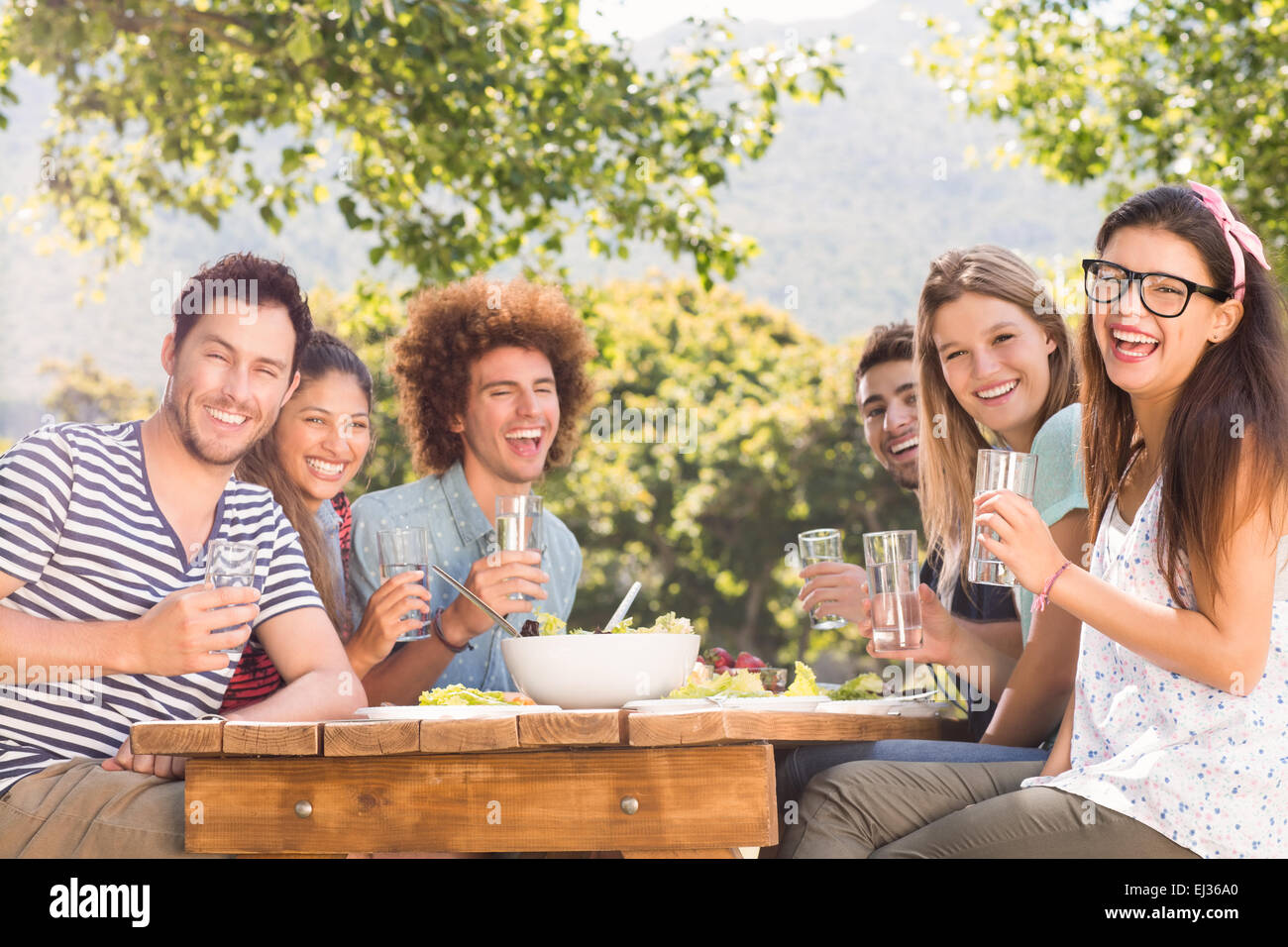 Happy friends in the park having lunch Stock Photo - Alamy
