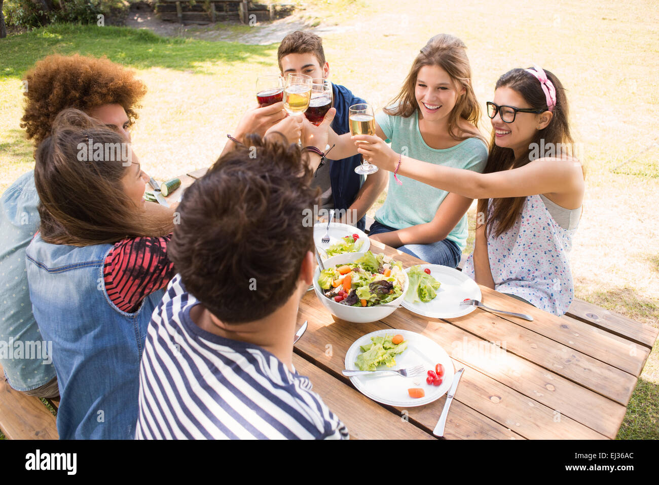 Happy friends in the park having lunch Stock Photo - Alamy