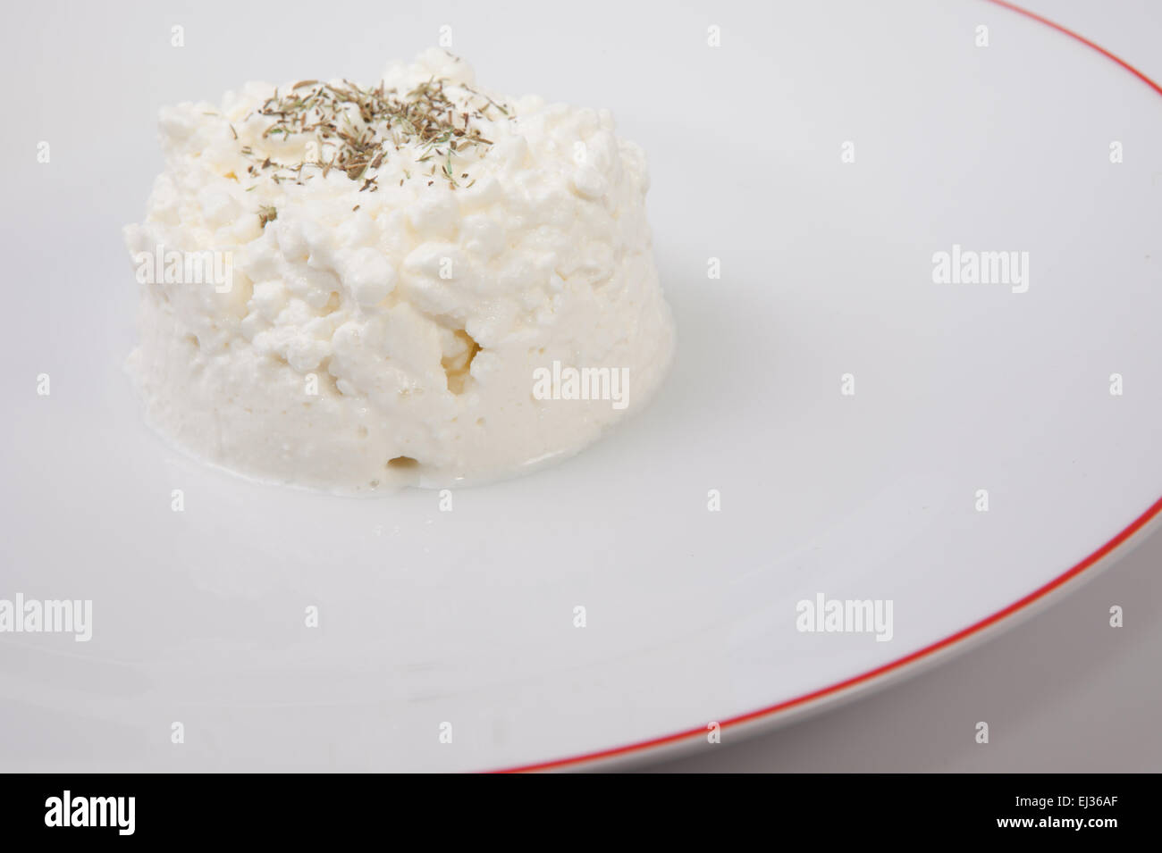 Granulated cottage cheese with aromatic herbs. Isolated over white ...