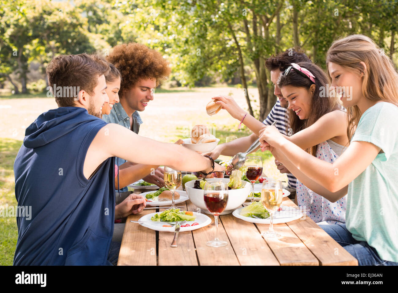Happy friends in the park having lunch Stock Photo - Alamy