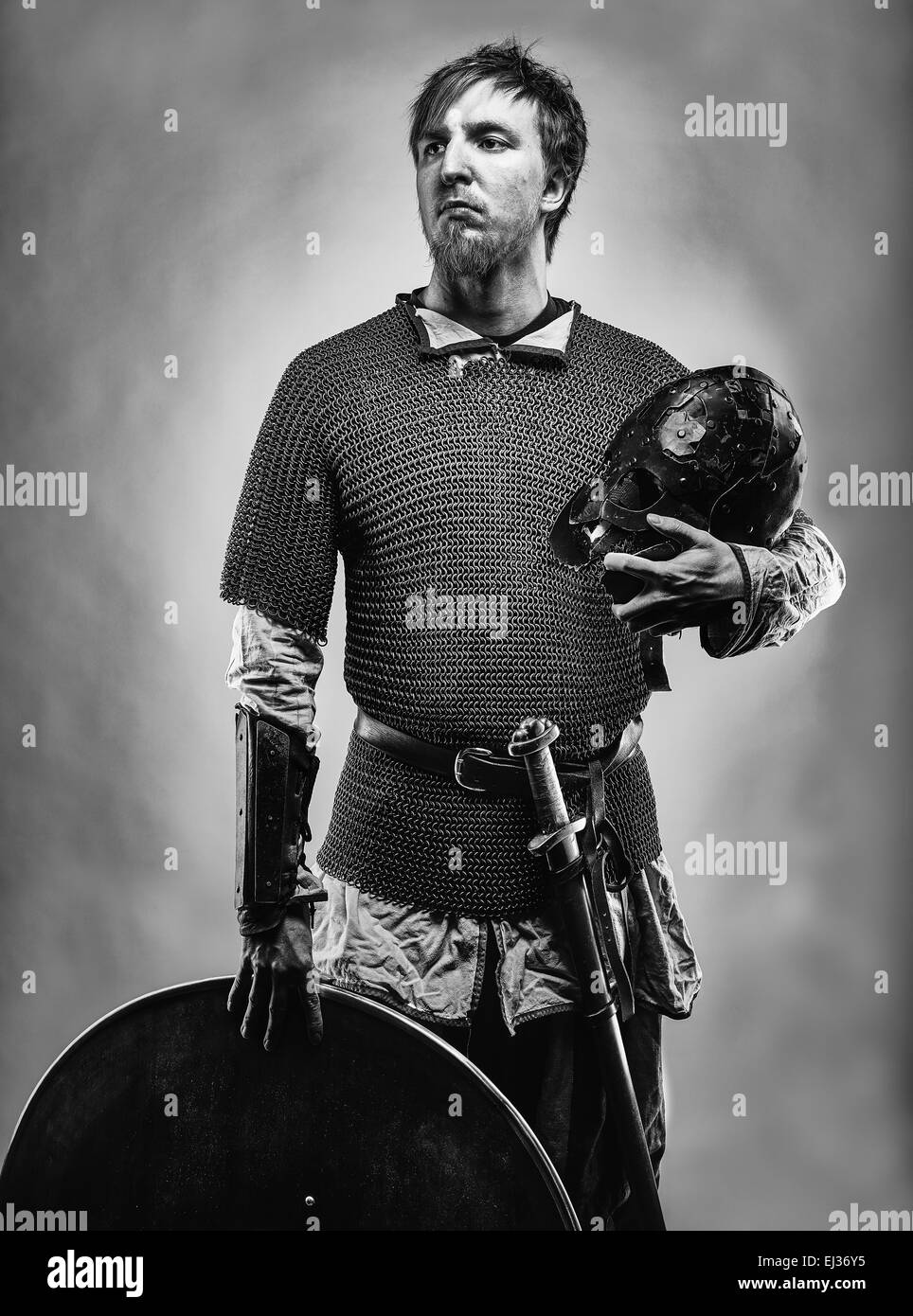Medieval knight wearing a chainmail, black and white image Stock Photo ...