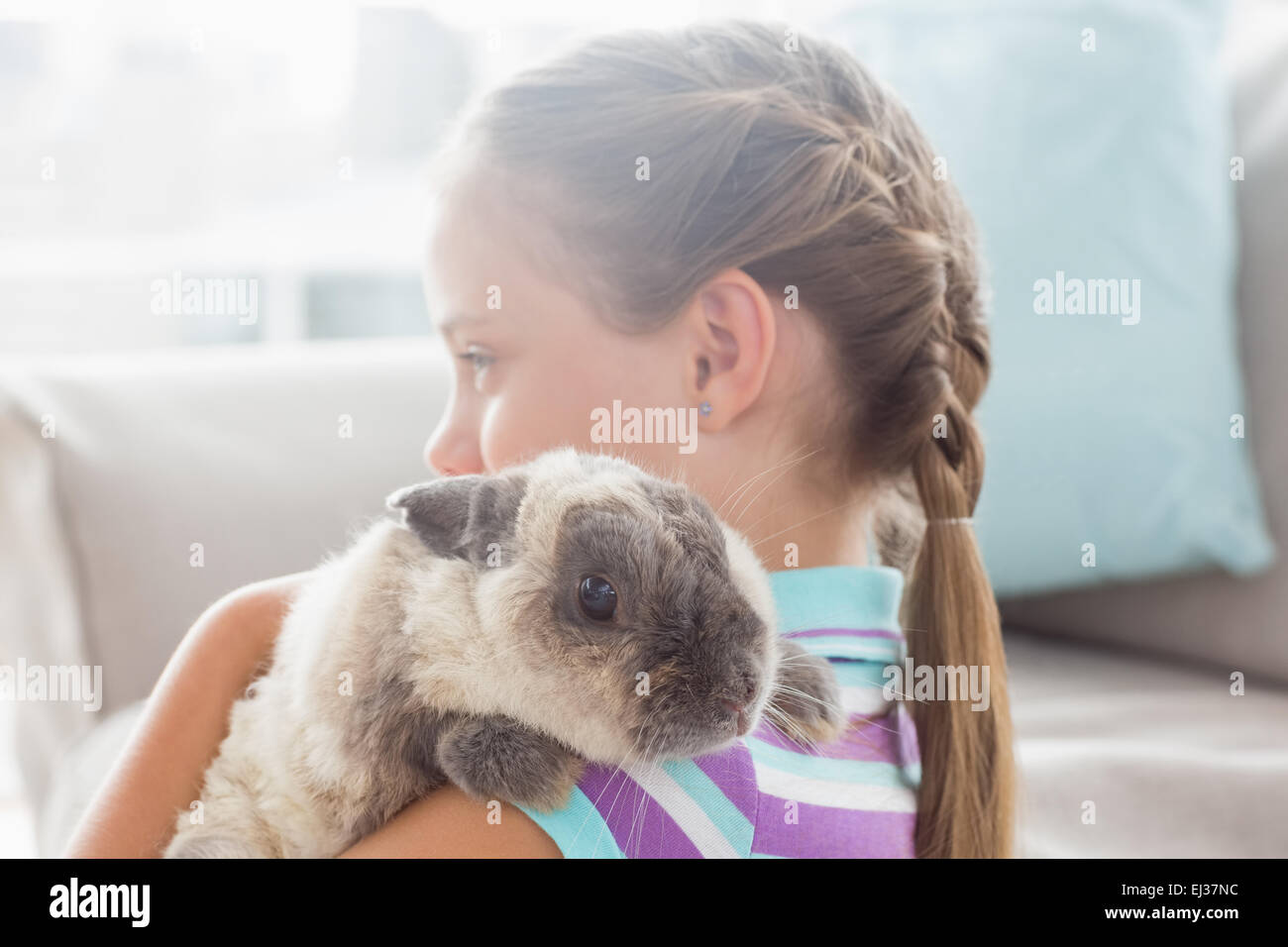 Girl holding rabbit at home Stock Photo - Alamy