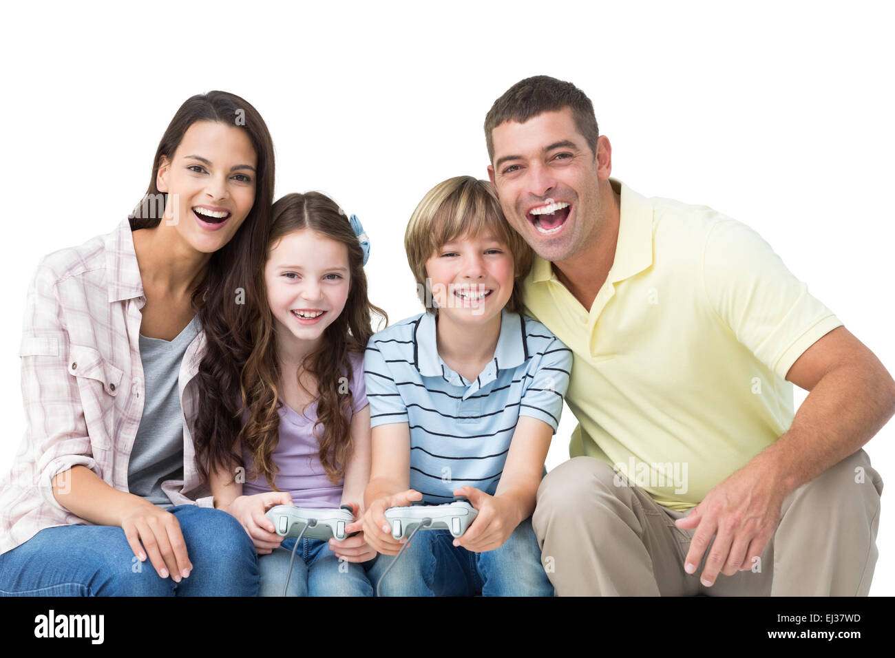 Happy family playing video game together Stock Photo - Alamy