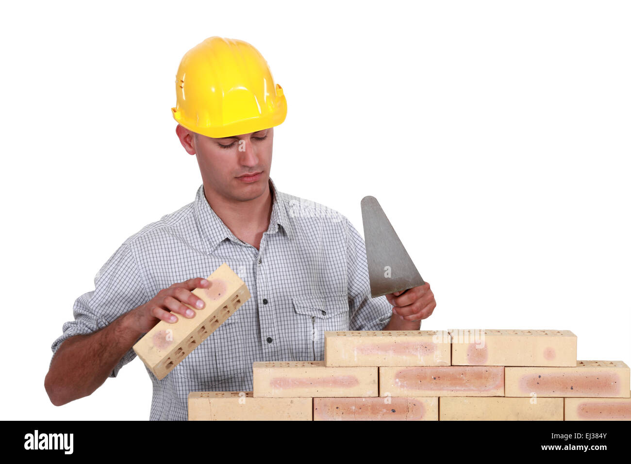 Mason making brick wall, studio shot Stock Photo - Alamy