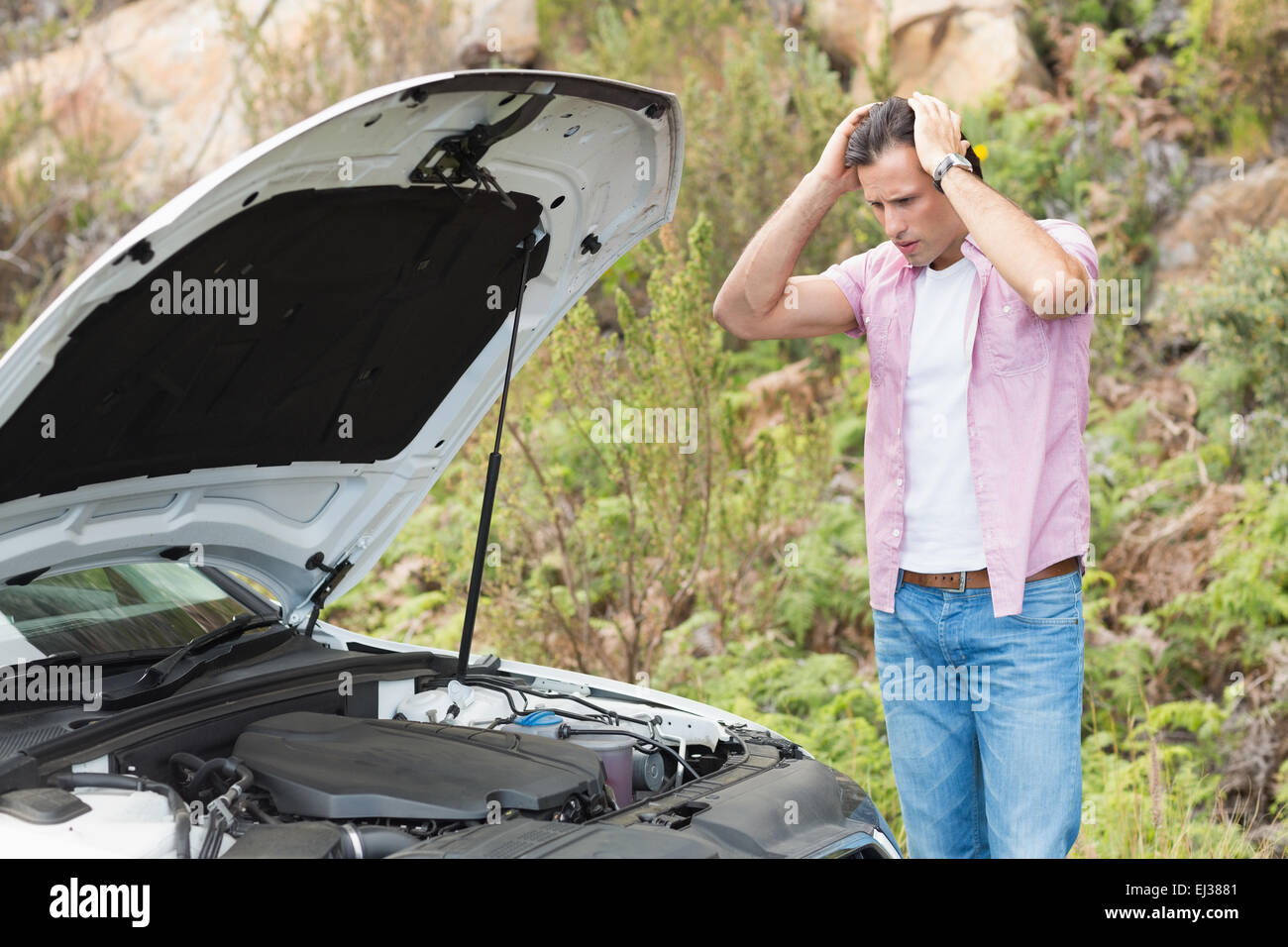 Stressed man looking at engine Stock Photo - Alamy