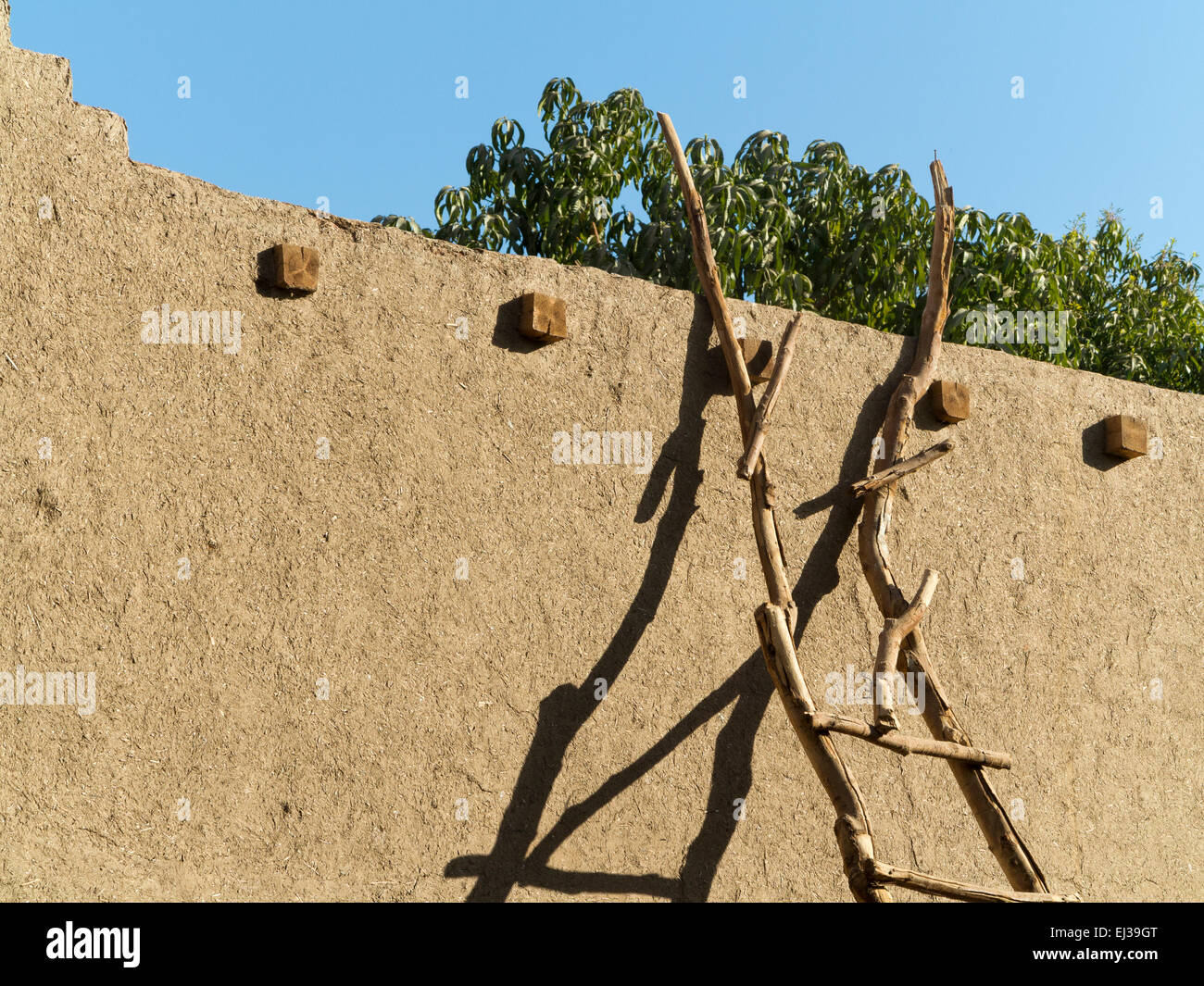 Close up of an area of mud rendered mud brick wall, with a ladder made ...