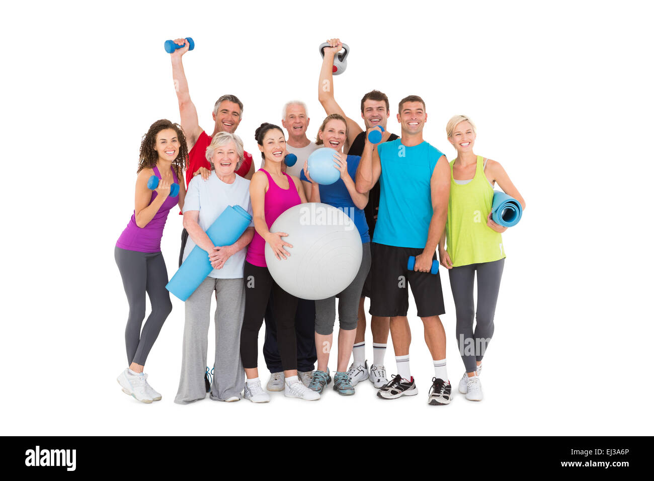 Cheerful people holding exercise equipment Stock Photo - Alamy
