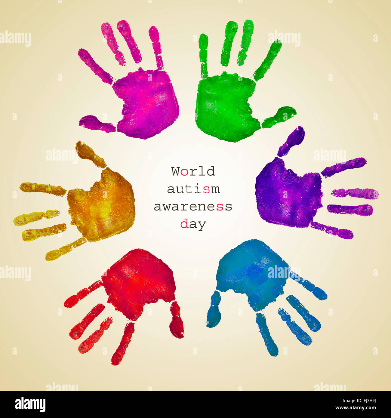 some handprints of different colors forming a circle on a beige ...
