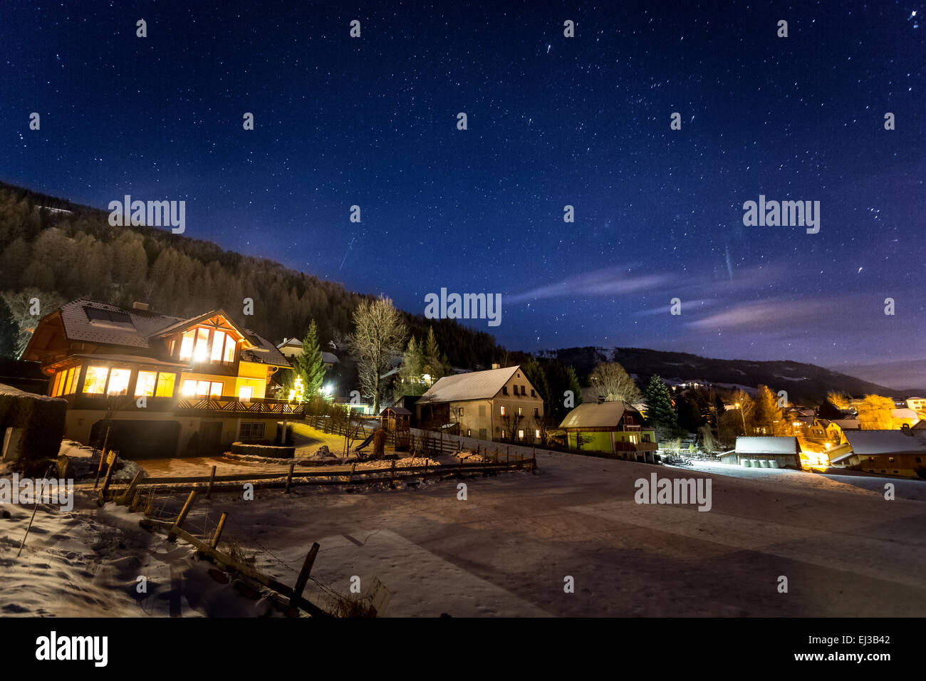 Beautiful highland Austrian chalet covered by snow at night Stock Photo ...