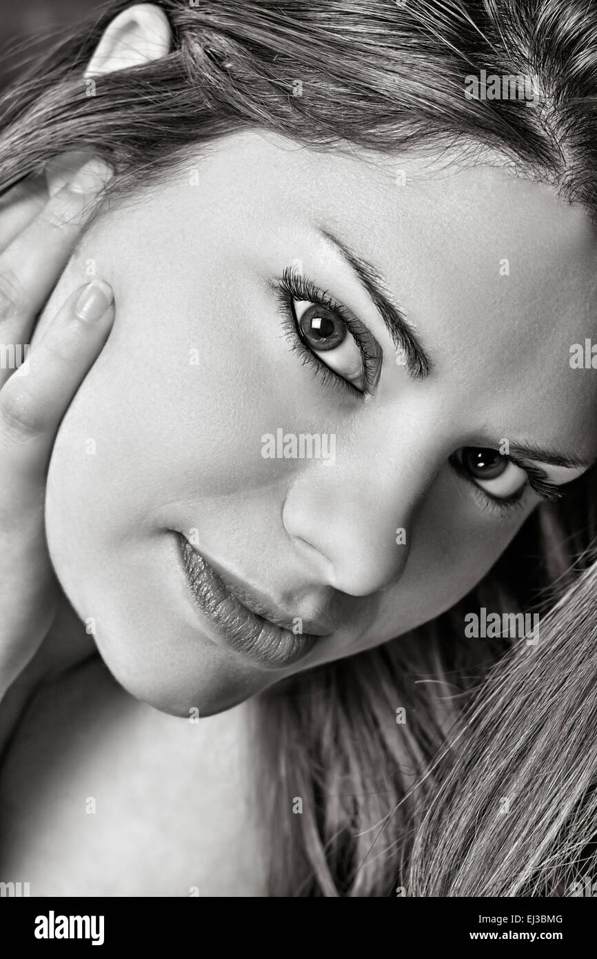Girl with intense look in black and white Stock Photo - Alamy