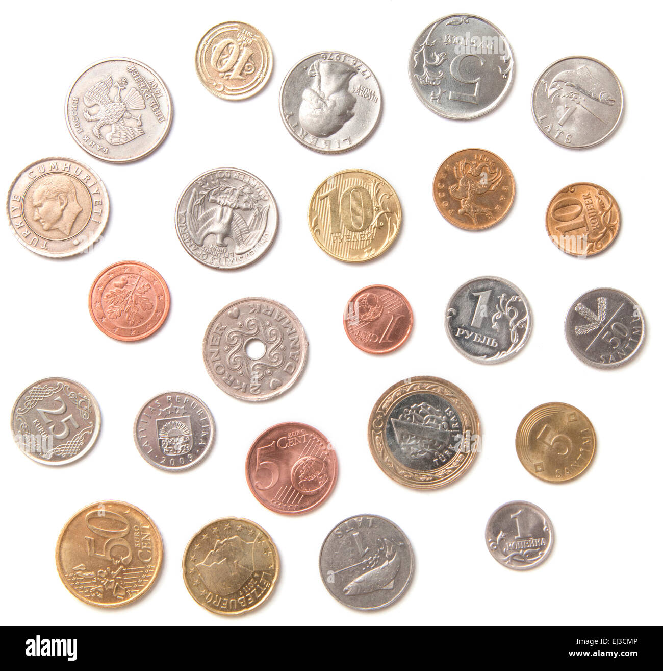 Various coins from different countries isolated over white Stock Photo ...
