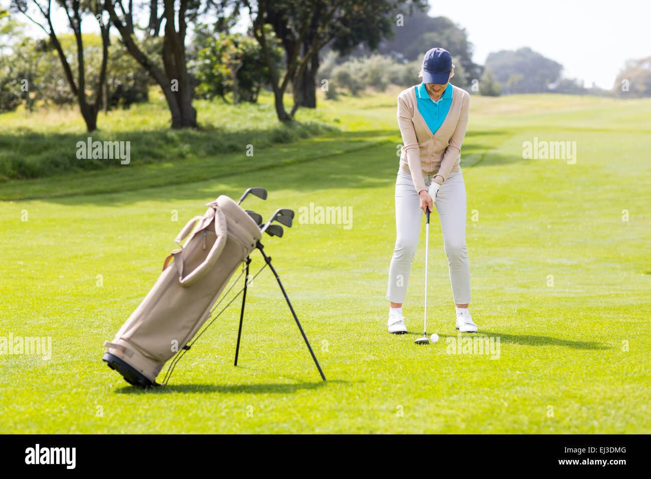 Female concentrating golfer teeing off Stock Photo - Alamy