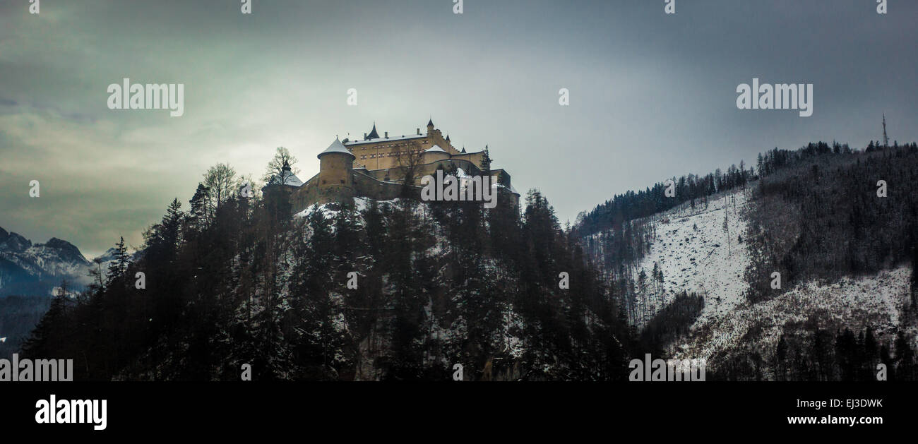 Old stone castle standing on high mountain at Austrian Alps Stock Photo ...