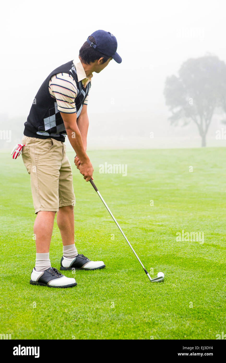 Concentrate golfer lining up his shot Stock Photo - Alamy