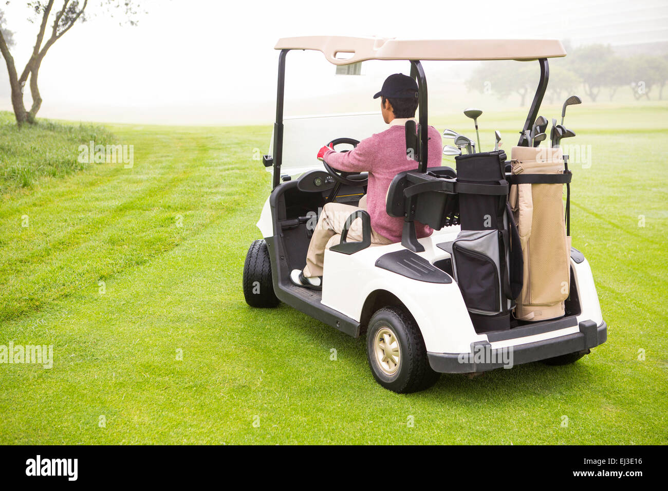Golfer driving in his golf buggy Stock Photo - Alamy