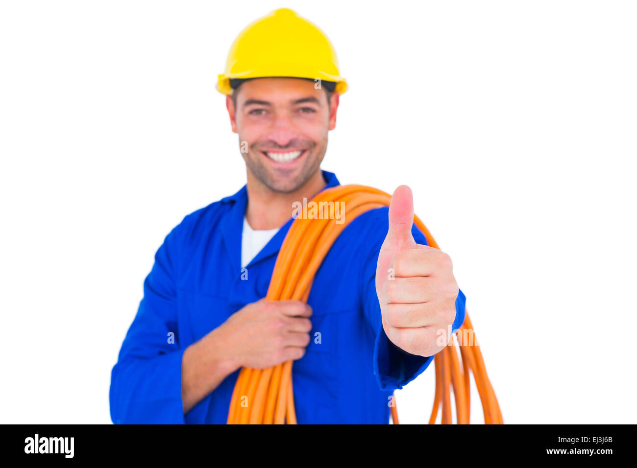 Electrician with rolled wire gesturing thumbs up Stock Photo - Alamy