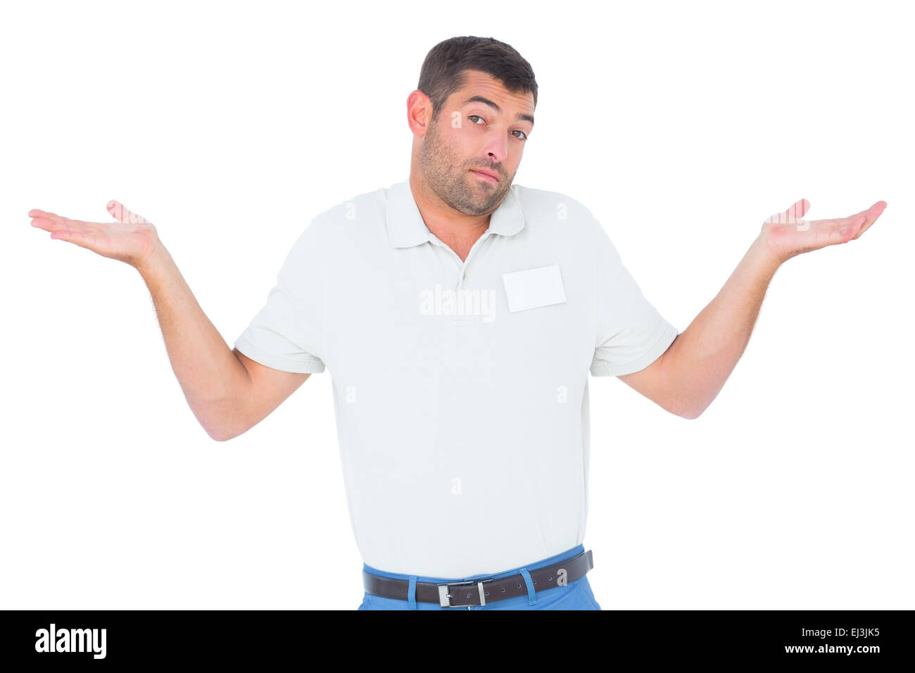 Confused technician giving I dont know gesture Stock Photo - Alamy