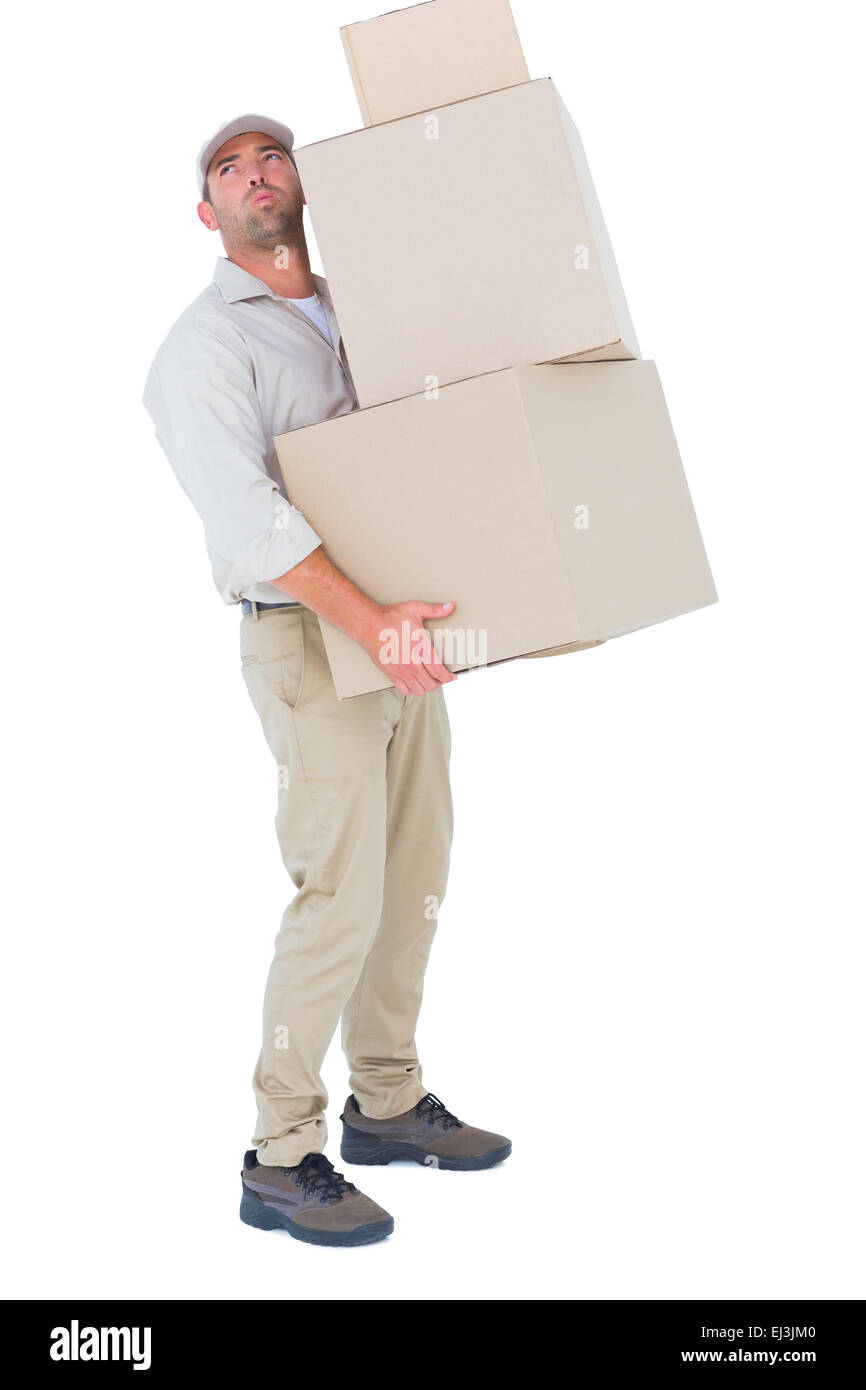 Tired delivery man carrying stack boxes Stock Photo - Alamy