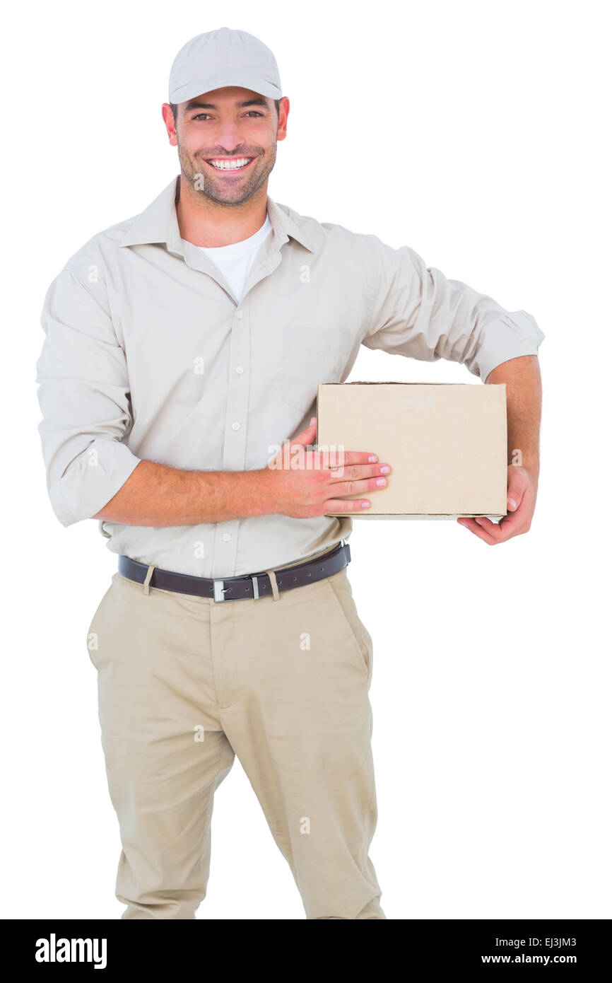 Portrait of happy delivery man with cardboard box Stock Photo - Alamy