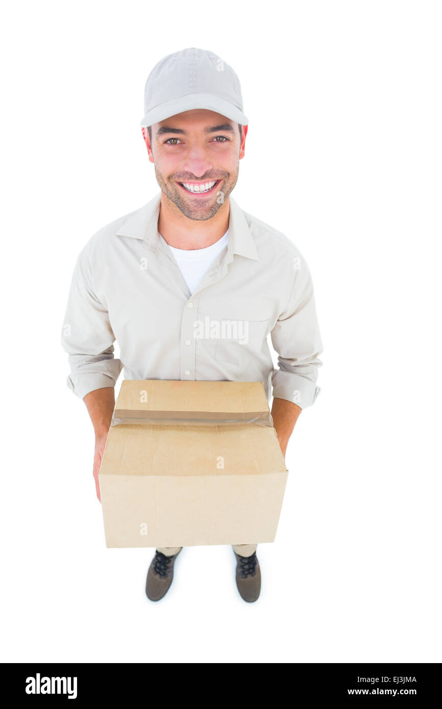 High angle portrait of handsome delivery man with cardboard box Stock ...