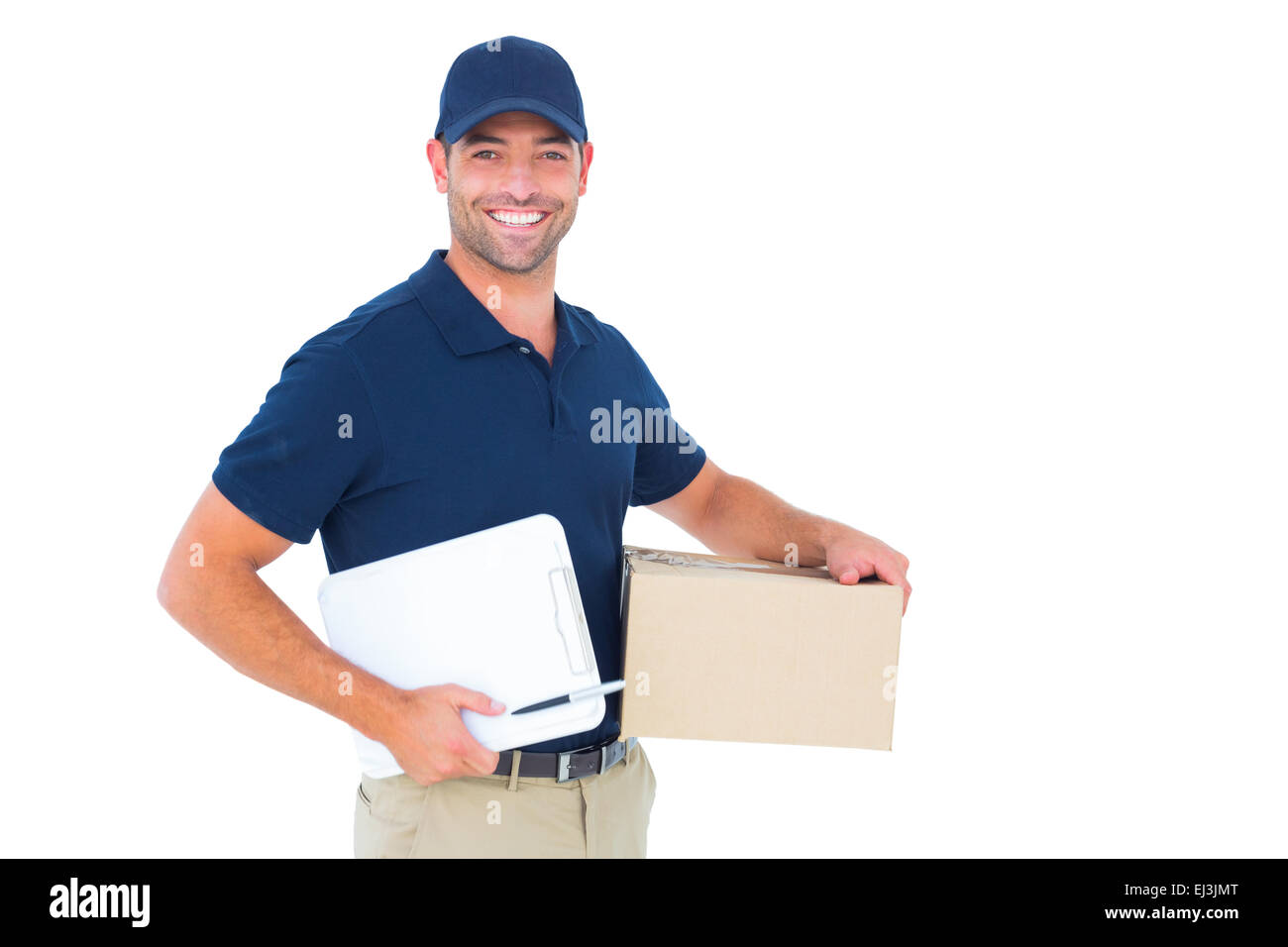 Happy delivery man with cardboard box and clipboard Stock Photo - Alamy