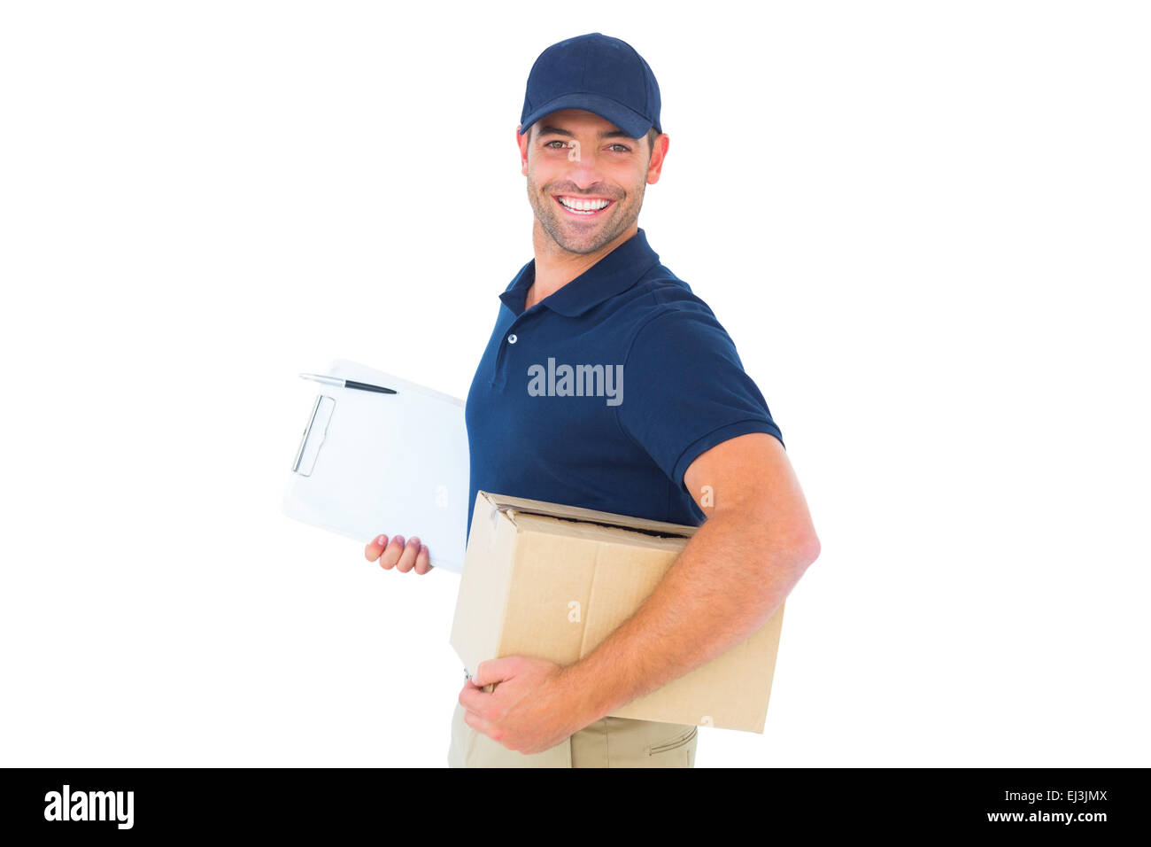 smiling delivery man with cardboard box and clipboard Stock Photo - Alamy